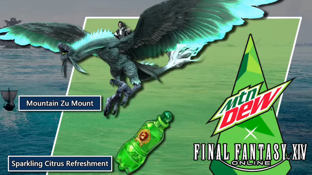 Final Fantasy XIV adds the Mountain Zu, a Mountain Dew themed bird mount