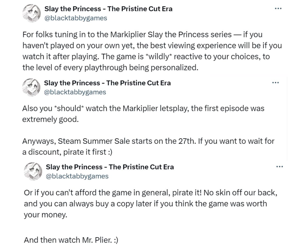 Slay the Princess dev tells players to pirate the game instead of just watching playthroughs ...