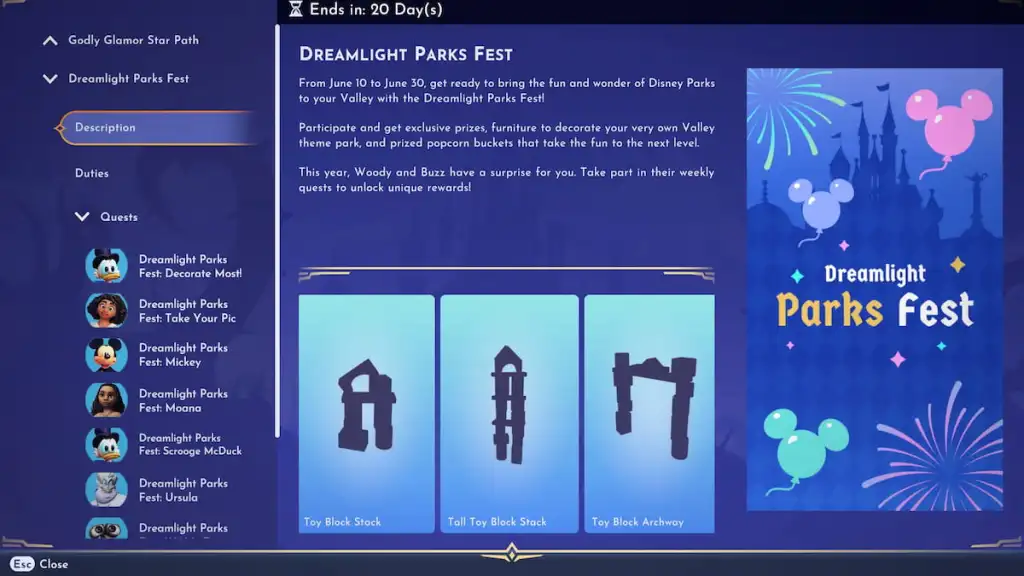 How to unlock Parks Fest Toy Block rewards in Disney Dreamlight Valley ...